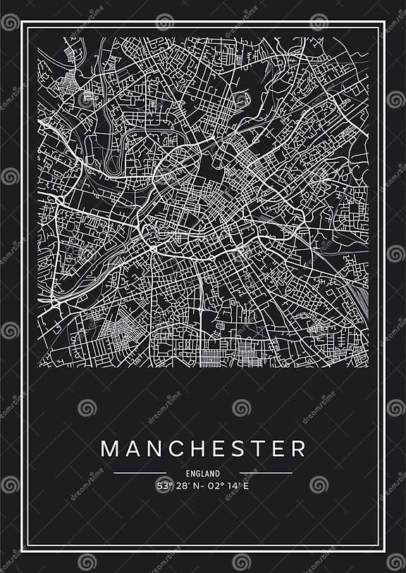 Black and White Printable Manchester City Map, Poster Design. Stock ...