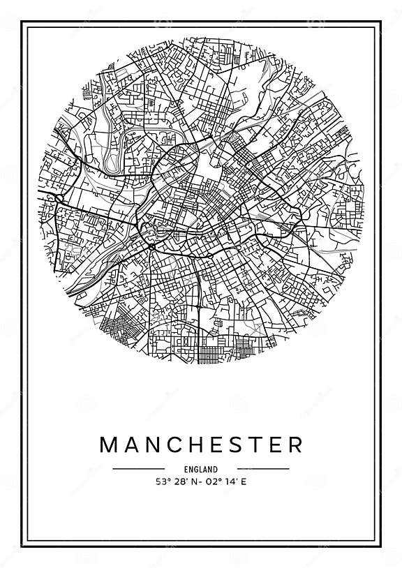 Black and White Printable Manchester City Map, Poster Design. Stock ...
