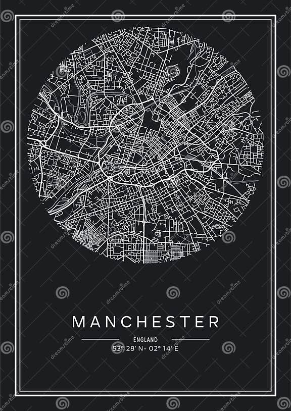 Black and White Printable Manchester City Map, Poster Design. Stock ...