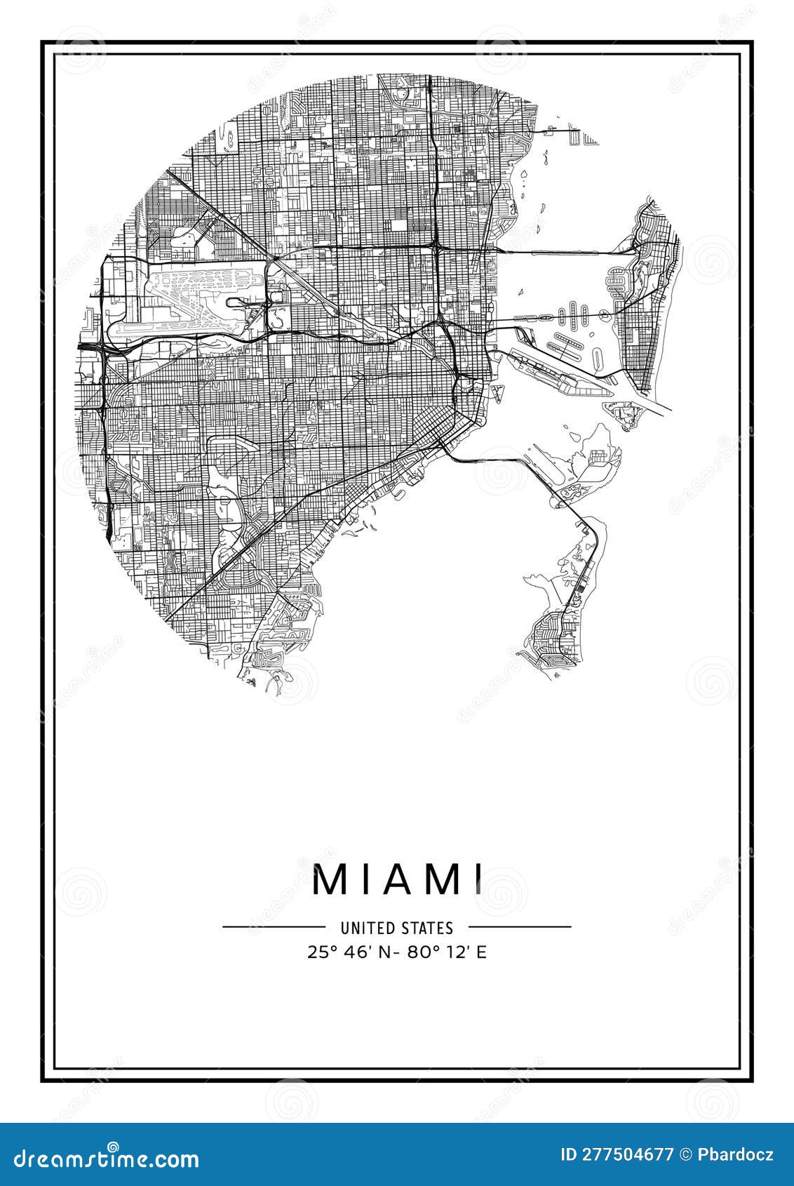 Black And White Printable Miami City Map, Poster Design. Cartoon Vector ...