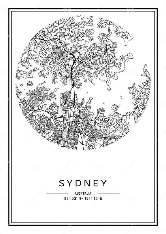 Black and White Printable Sydney City Map, Poster Design. Stock Vector ...