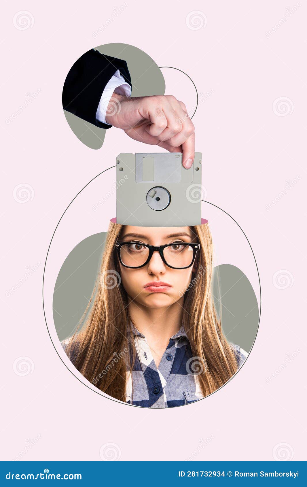 Poster Banner Collage of Lady Suffer Memory Problem Insert Floppy Disk ...