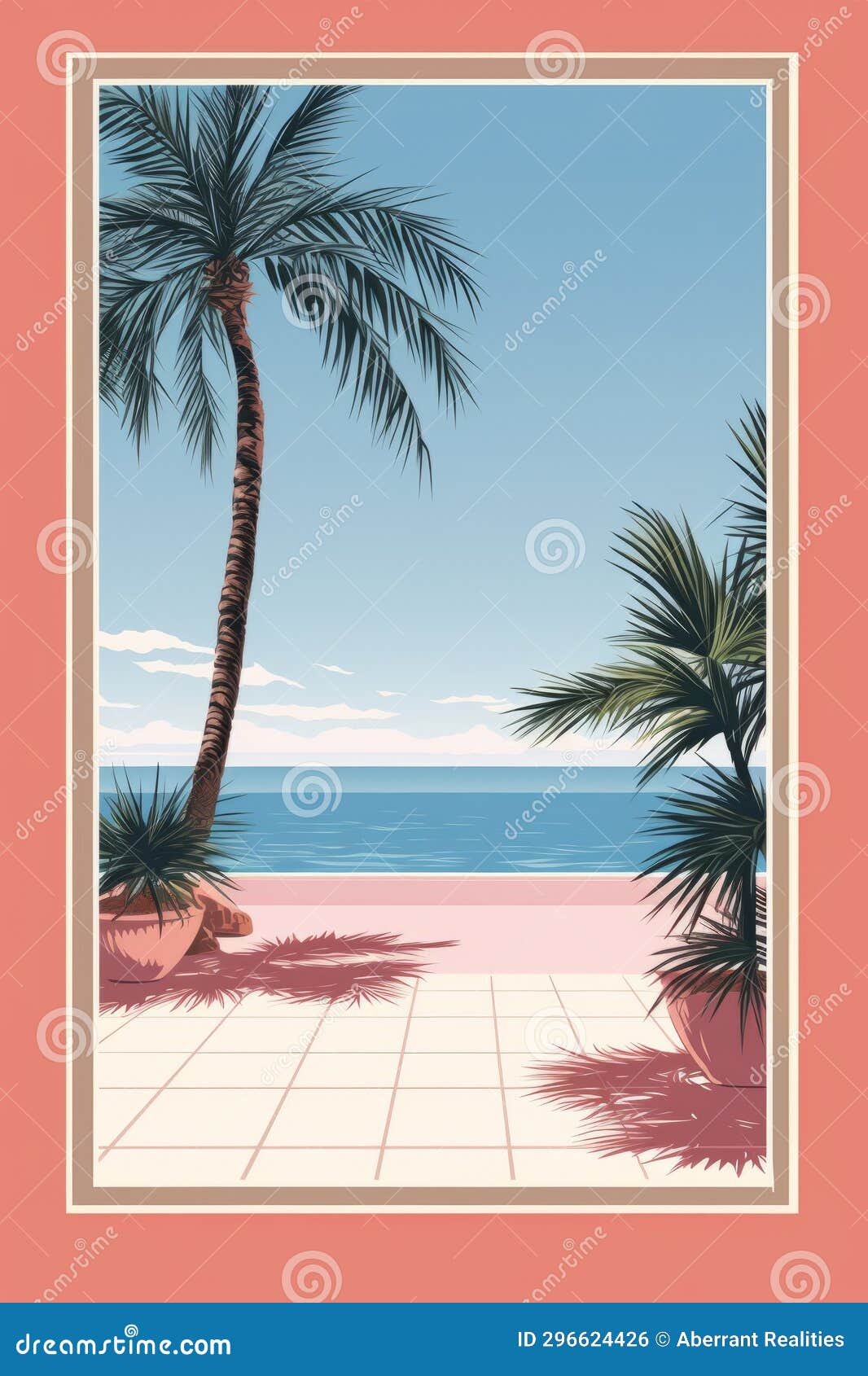 A Poster of a Beach Scene with Palm Trees and the Ocean Stock ...