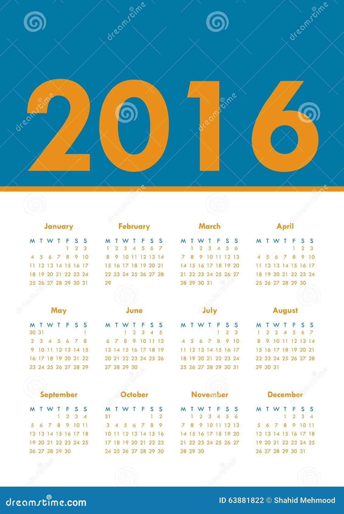 Poster Calendar for 2016. Week Starts Monday Stock Vector ...