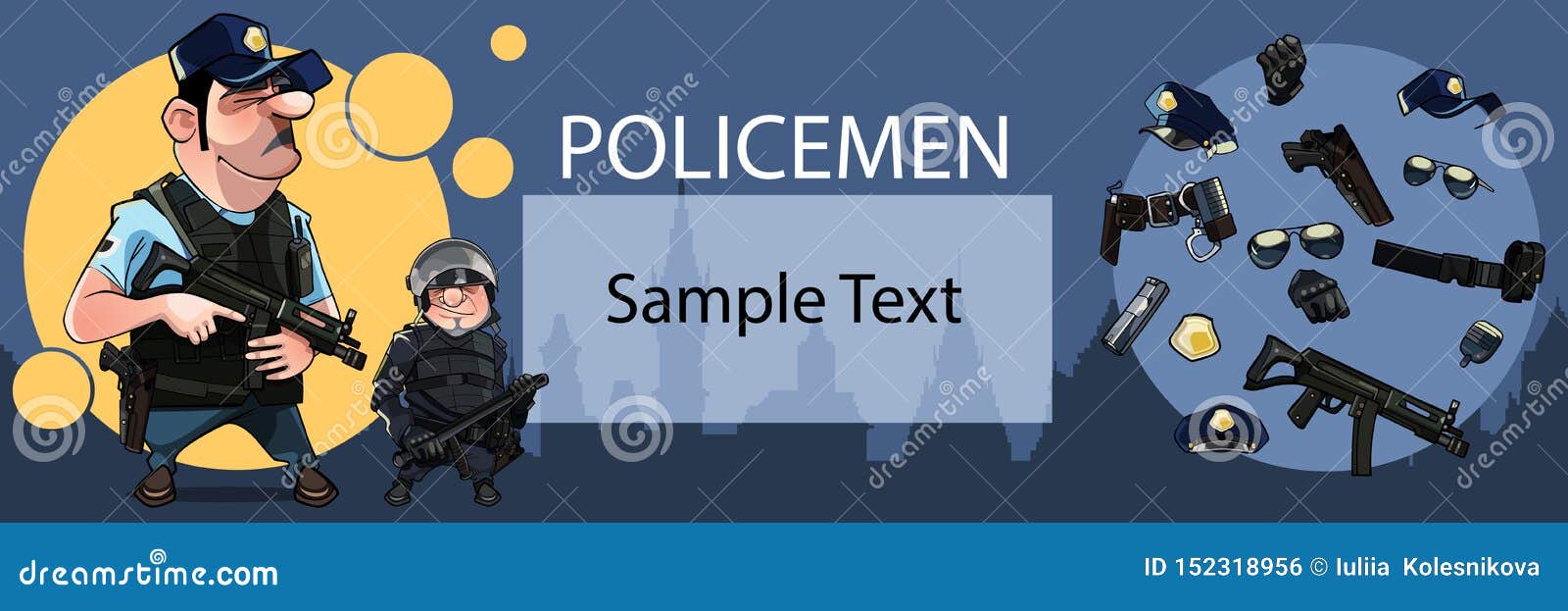 Poster Card with Two Cartoon Armed Policemen with Objects and Space for ...
