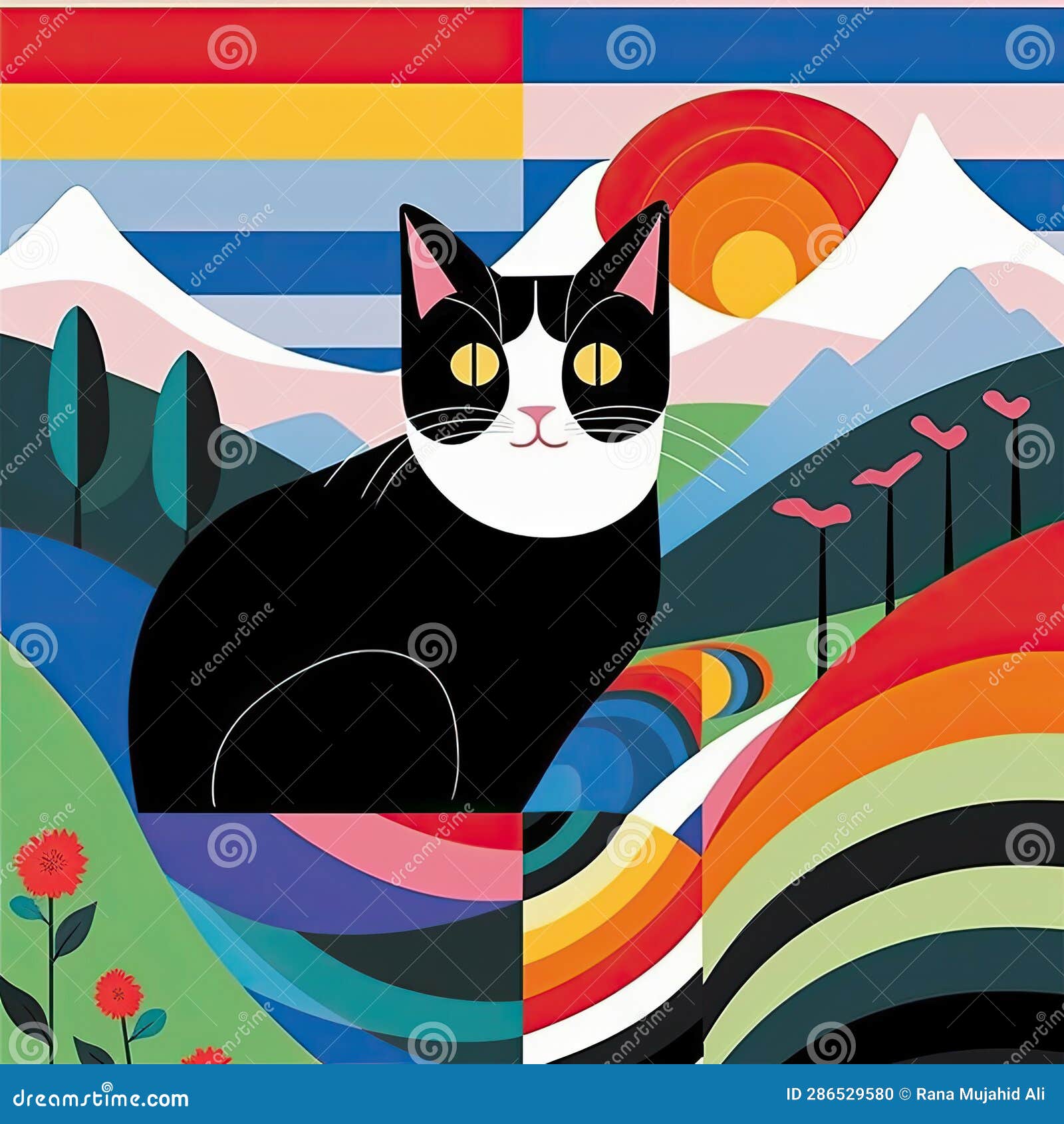 A Poster of a Cat with a Sunset in the Background Stock Illustration ...