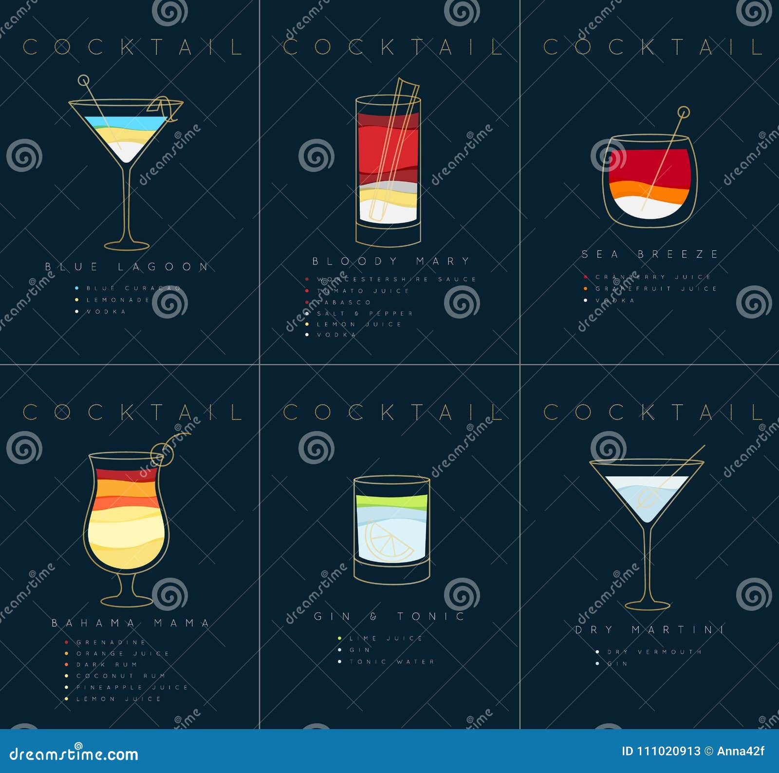 Poster Cocktails Blue Lagoon Dark Blue Stock Vector Illustration Of