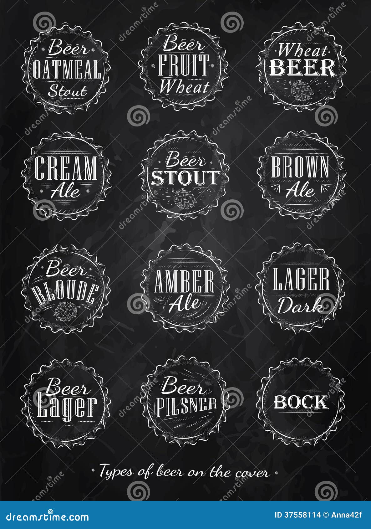 Poster Collection of Beer Caps. Chalk. Stock Vector - Illustration of ...
