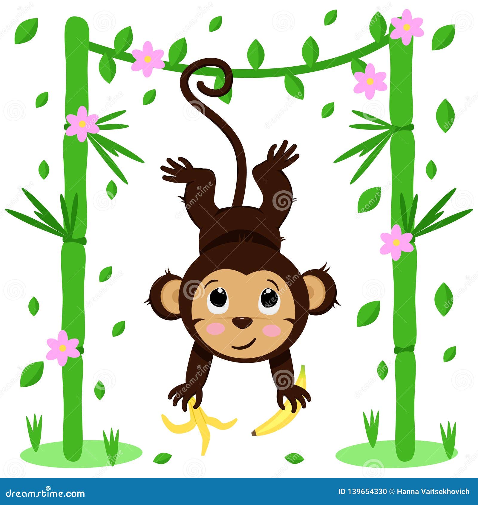Poster with Cute Monkey and Bamboo - Vector, Illustration, Eps Stock ...