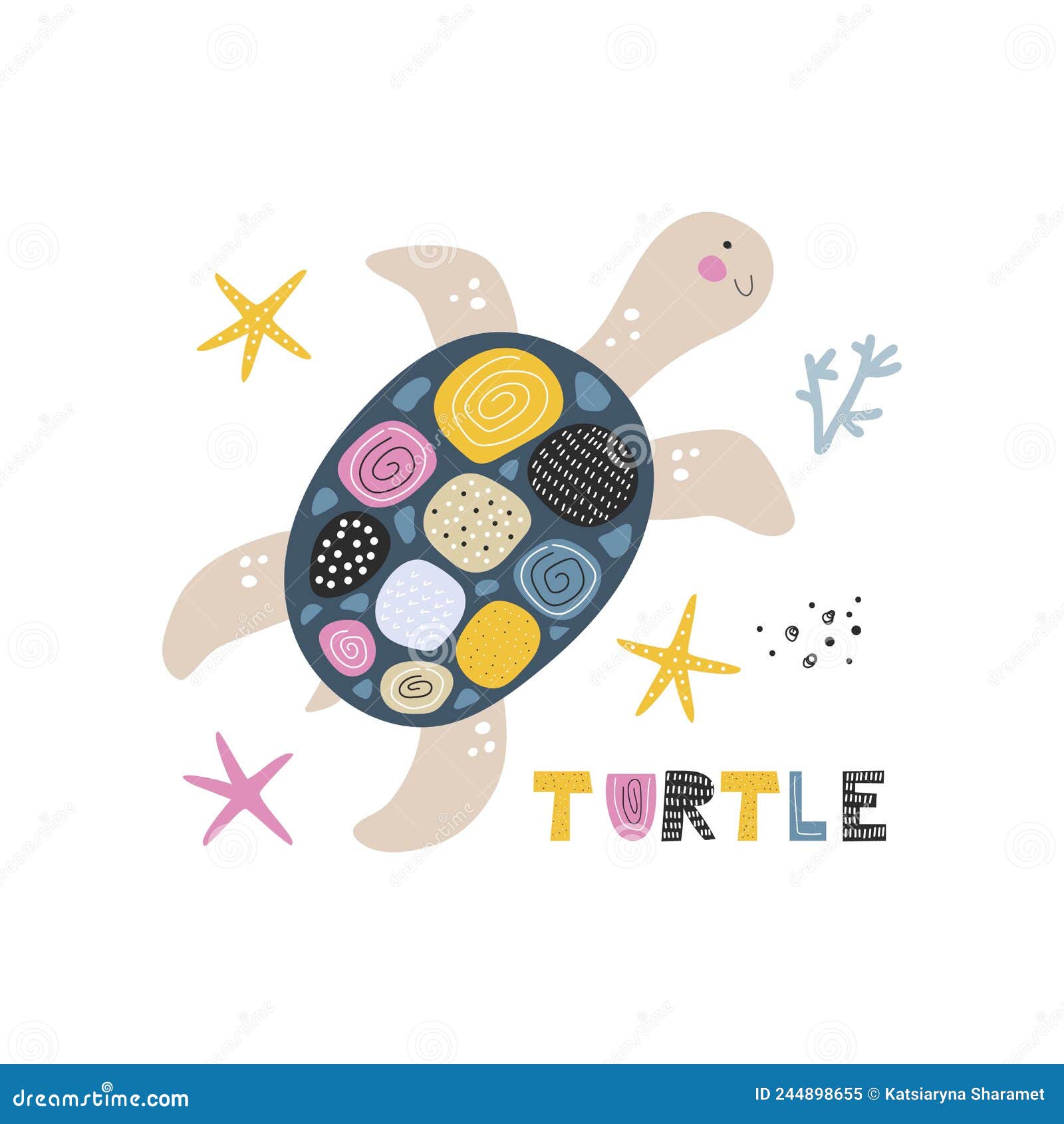 Poster with Cute Turtle. Kids Print. Vector Hand Drawn Illustration ...
