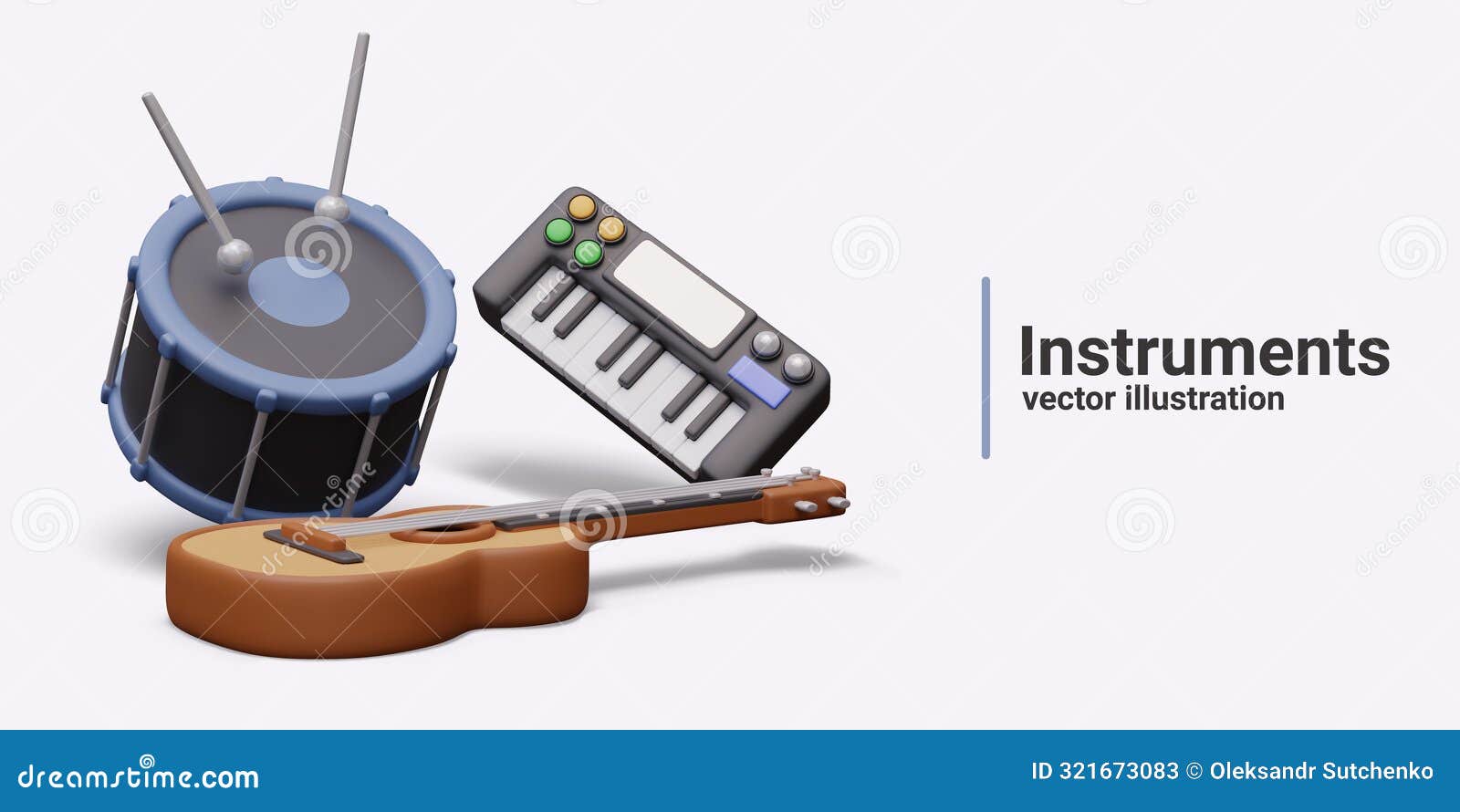 Poster with 3D Musical Instruments of Various Types. Drum, Synthesizer ...