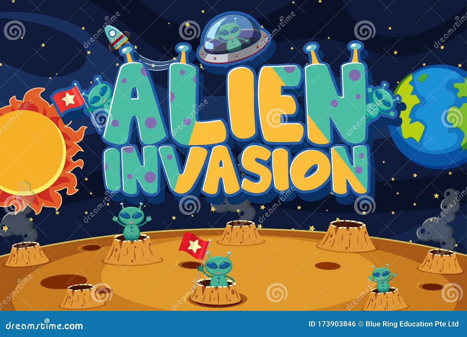 Poster Design with Aliens in the Space Background Stock Vector ...