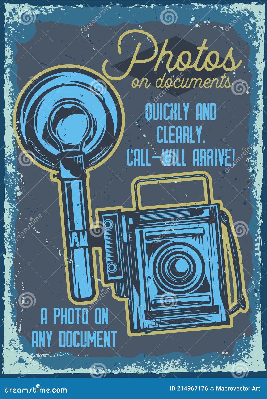 Poster Design with Illustration of a Camera on Vintage Background Stock ...