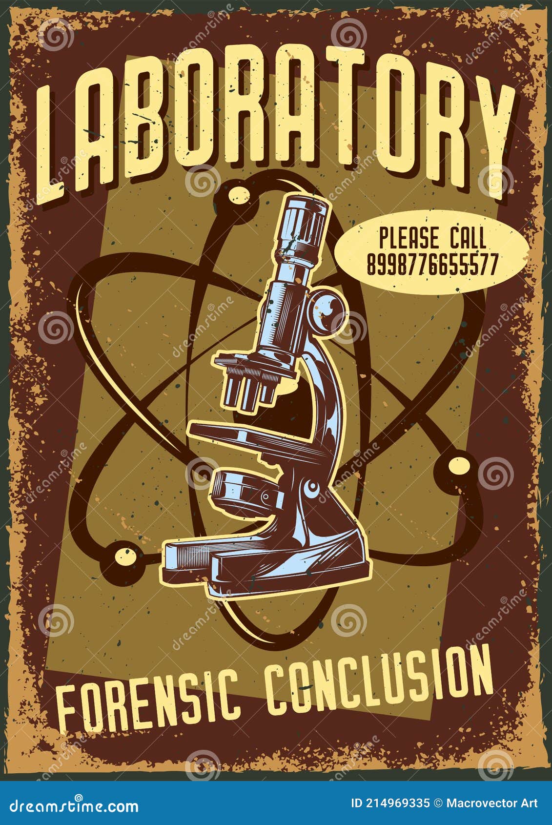 Poster Design with Illustration of a Microscope and an Atom on Vintage ...