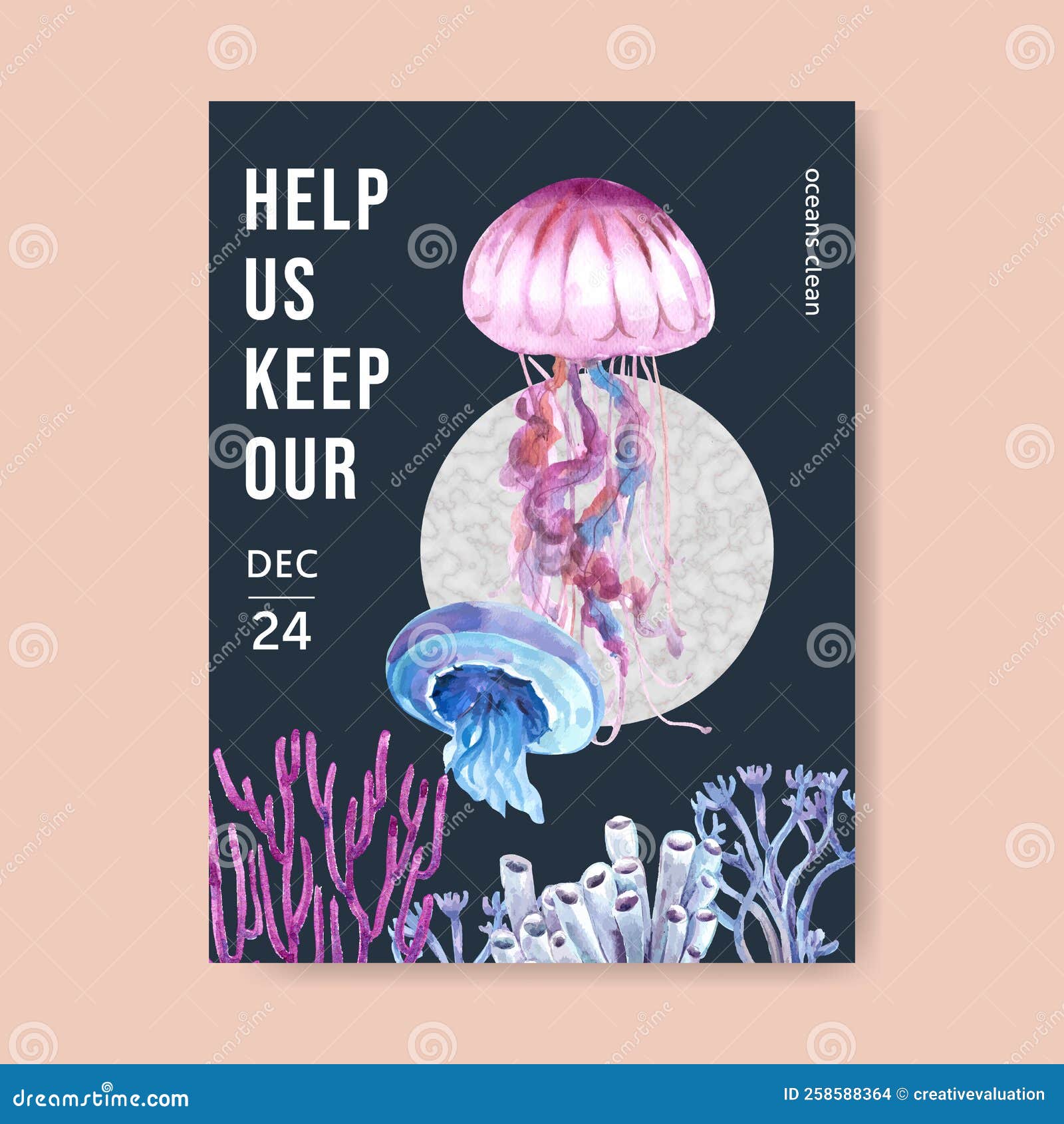 Poster Design with Jellyfish with Coral, Blue Background Vector ...