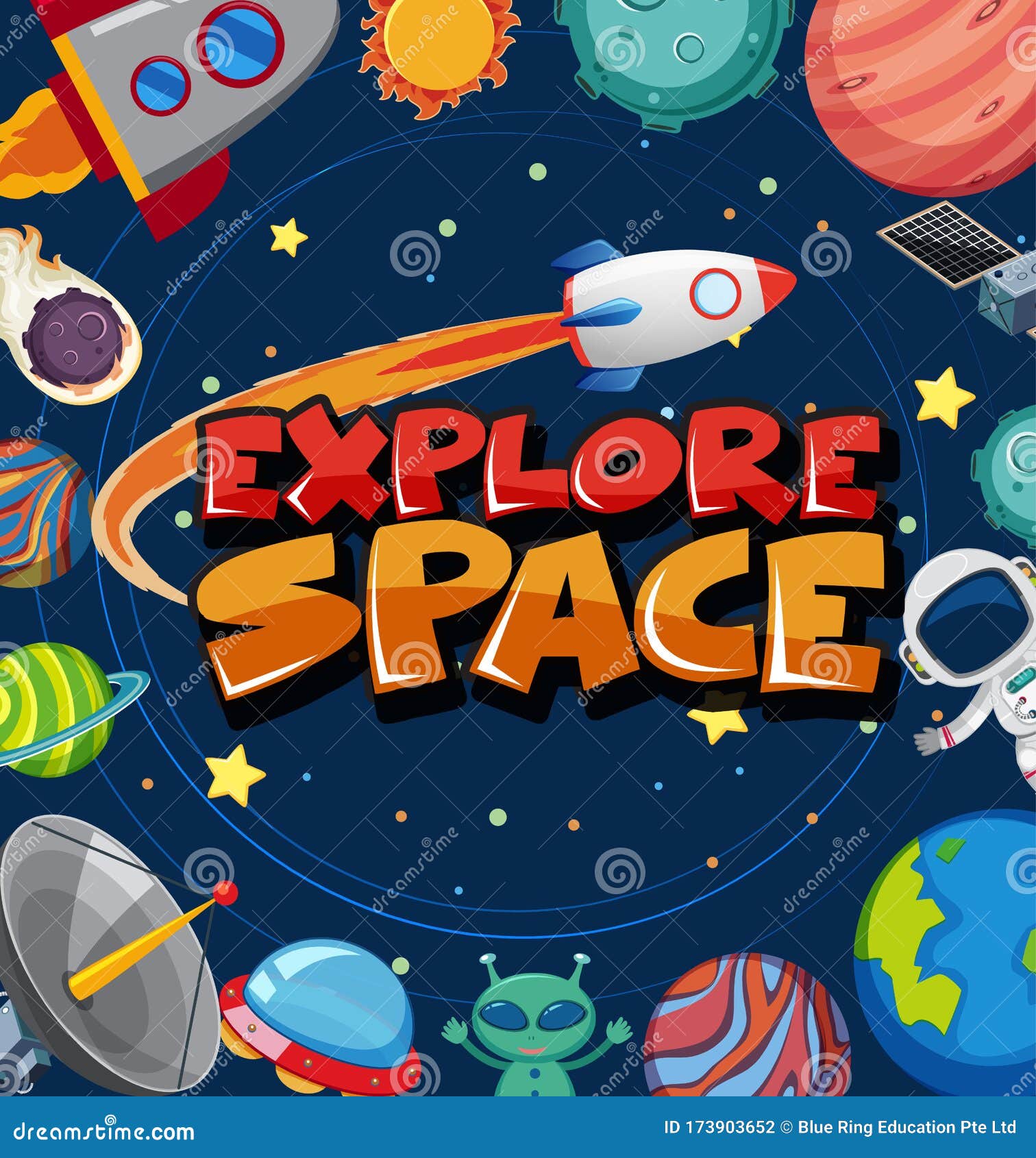 Poster Design with Many Planets and Spaceship in Background Stock ...