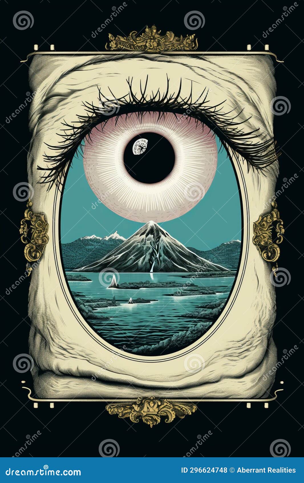 A Poster with an Eye and Mountains in the Background Stock Illustration ...
