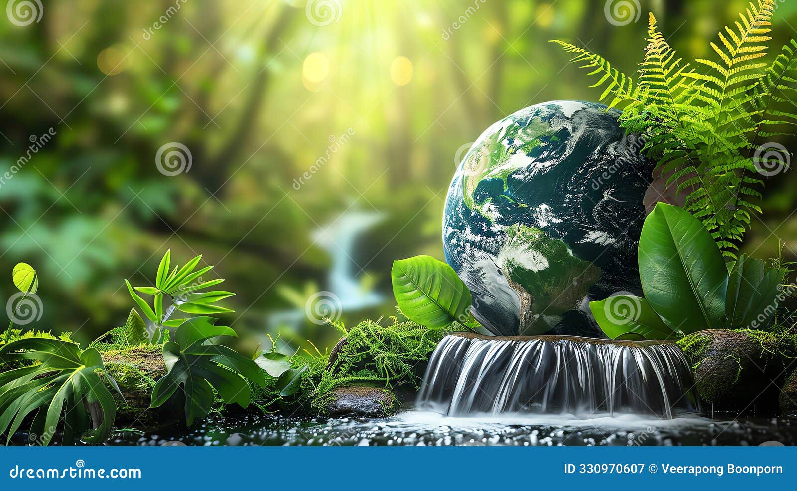 Poster with Globe, Waterfall, and Greenery for Earth Day Stock ...