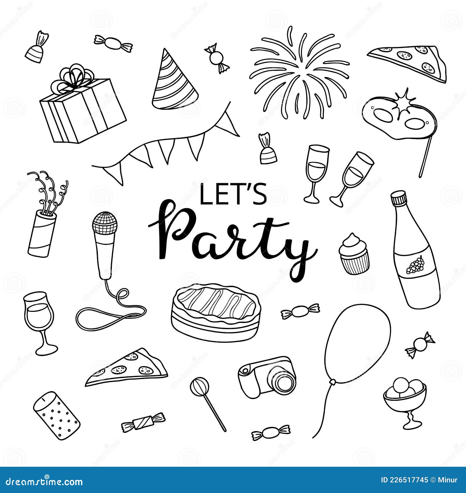Poster with Hand Drawn Party Items. Stock Vector - Illustration of ...