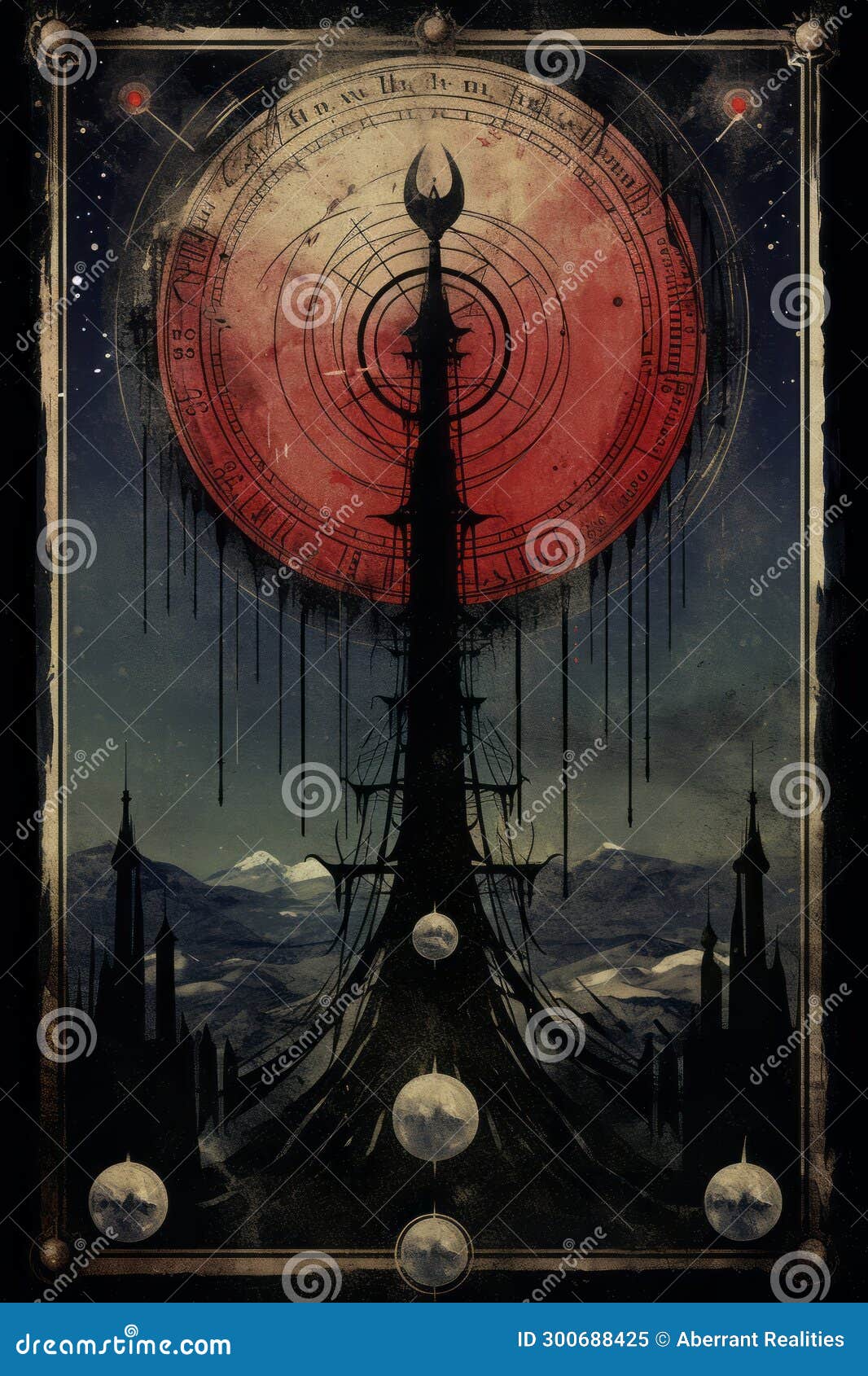 A Poster with an Image of a Clock Tower and a Red Sun Stock ...
