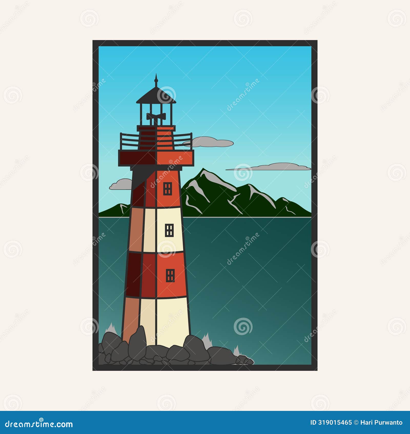 Poster Of The Lighthouse Building In Color. Cartoon Lighthouse Tower In ...