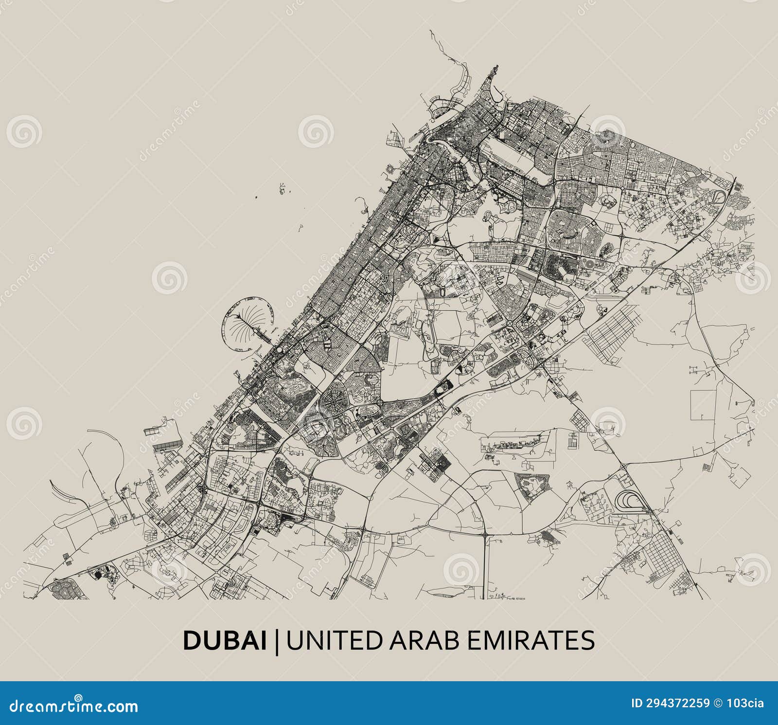 Dubai (United Arab Emirates) Street Map Outline for Poster. Stock ...