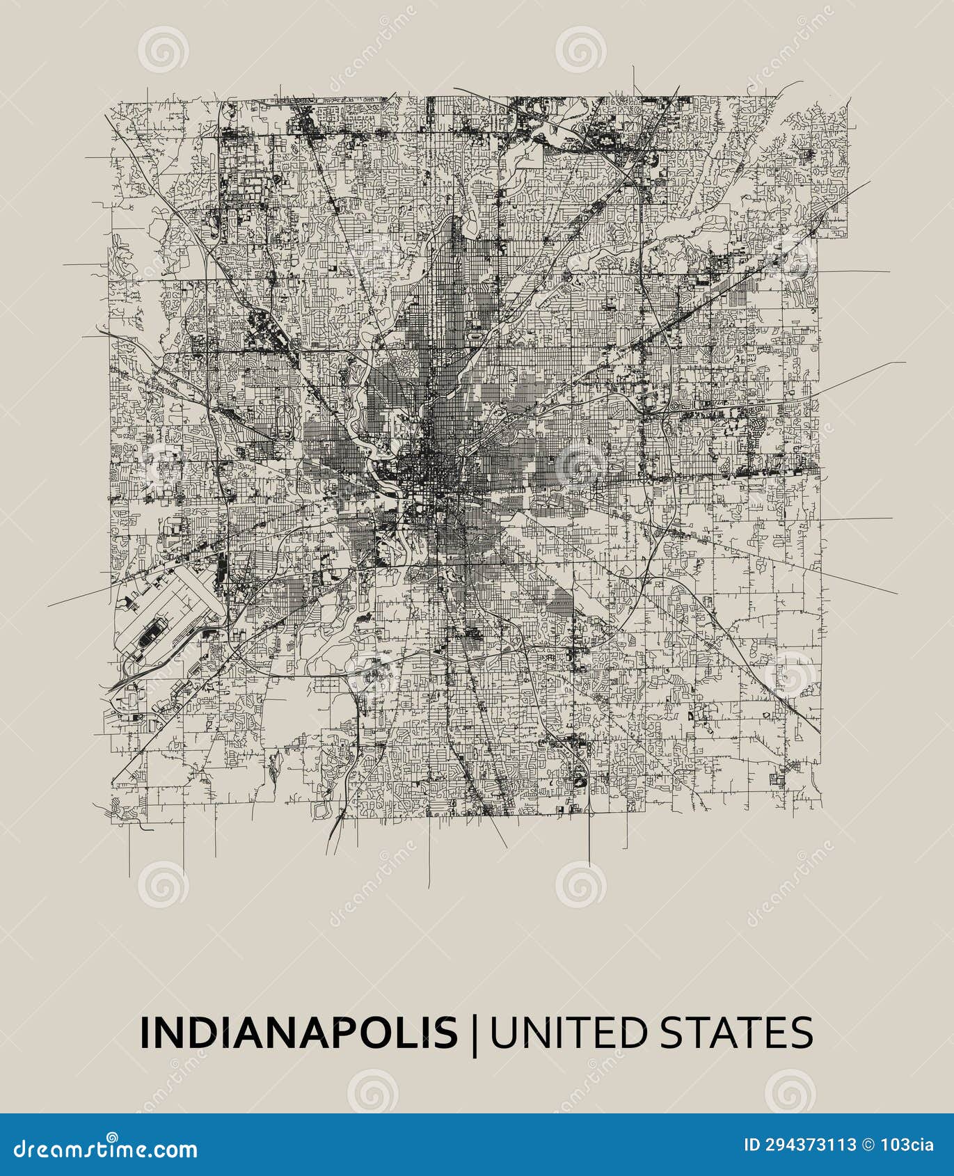 Indianapolis (Indiana, United States) Street Map Outline for Poster ...