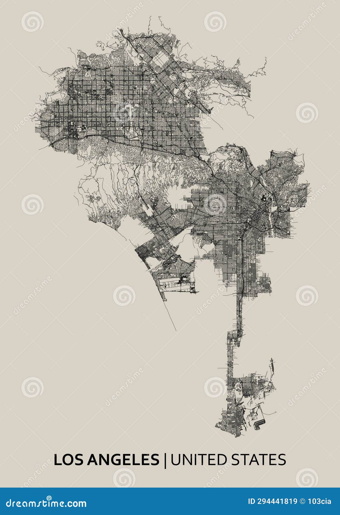 Los Angeles (California) Street Map Outline for Poster. Stock Vector ...