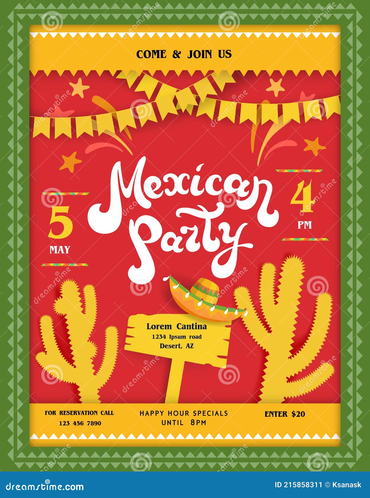Mexican Party Invitation or Announcing Poster Template with Bright ...