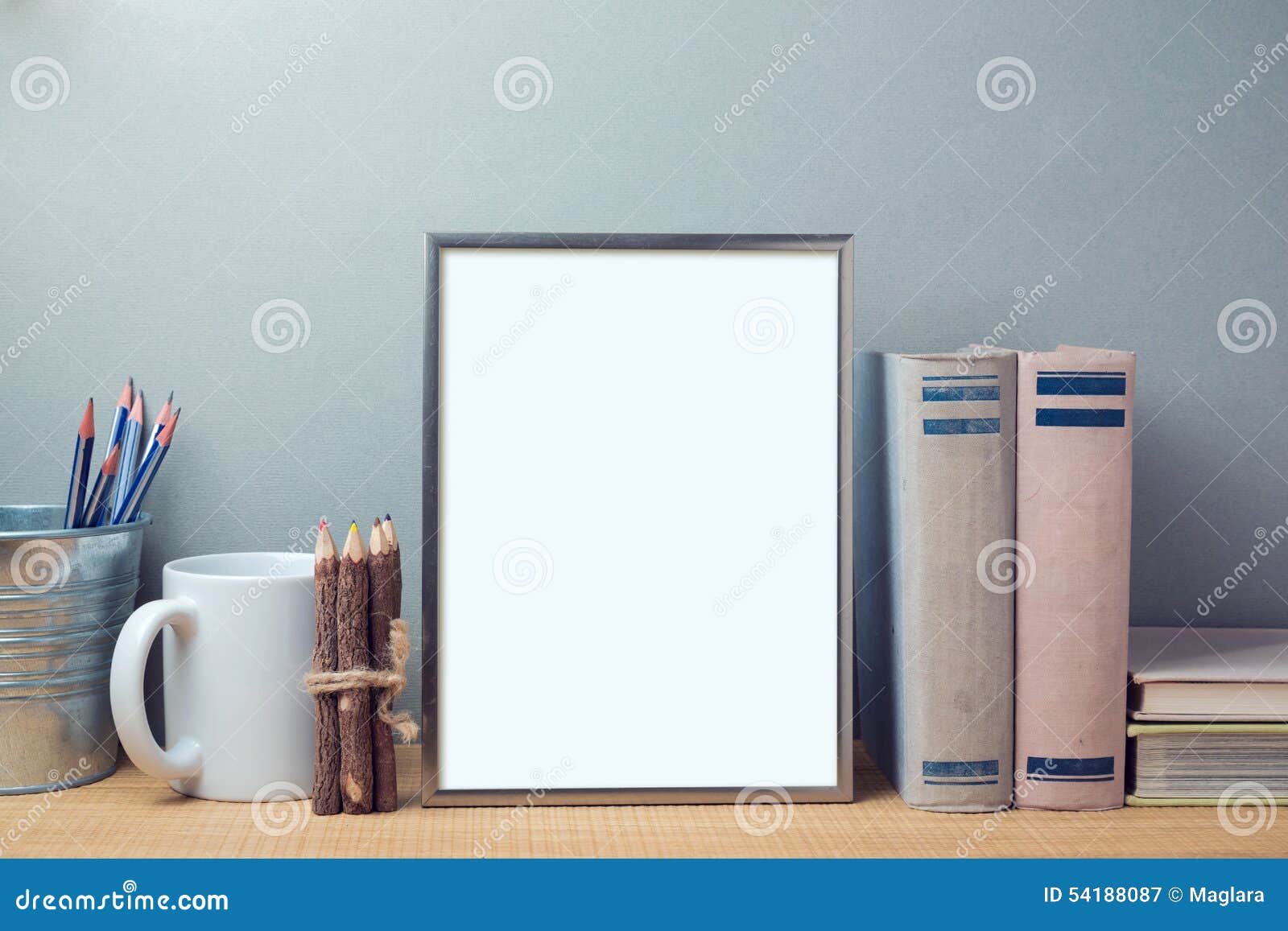 Poster Mock Up Template with Books and Desk Objects Stock Image - Image ...