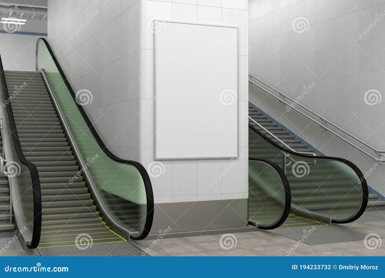 Poster Mock Up on the Wall with Escalator and Stairs Stock Illustration ...