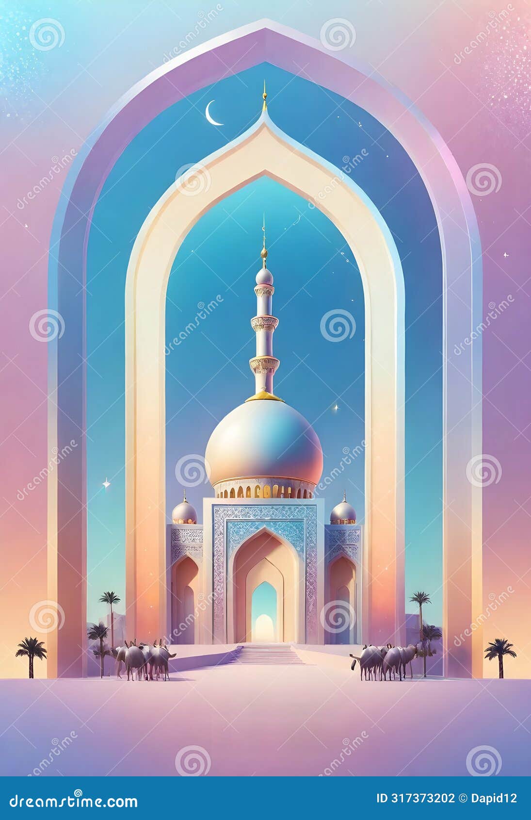 A Poster for a Mosque with an Arch in Mosque Shape and Camels in the ...