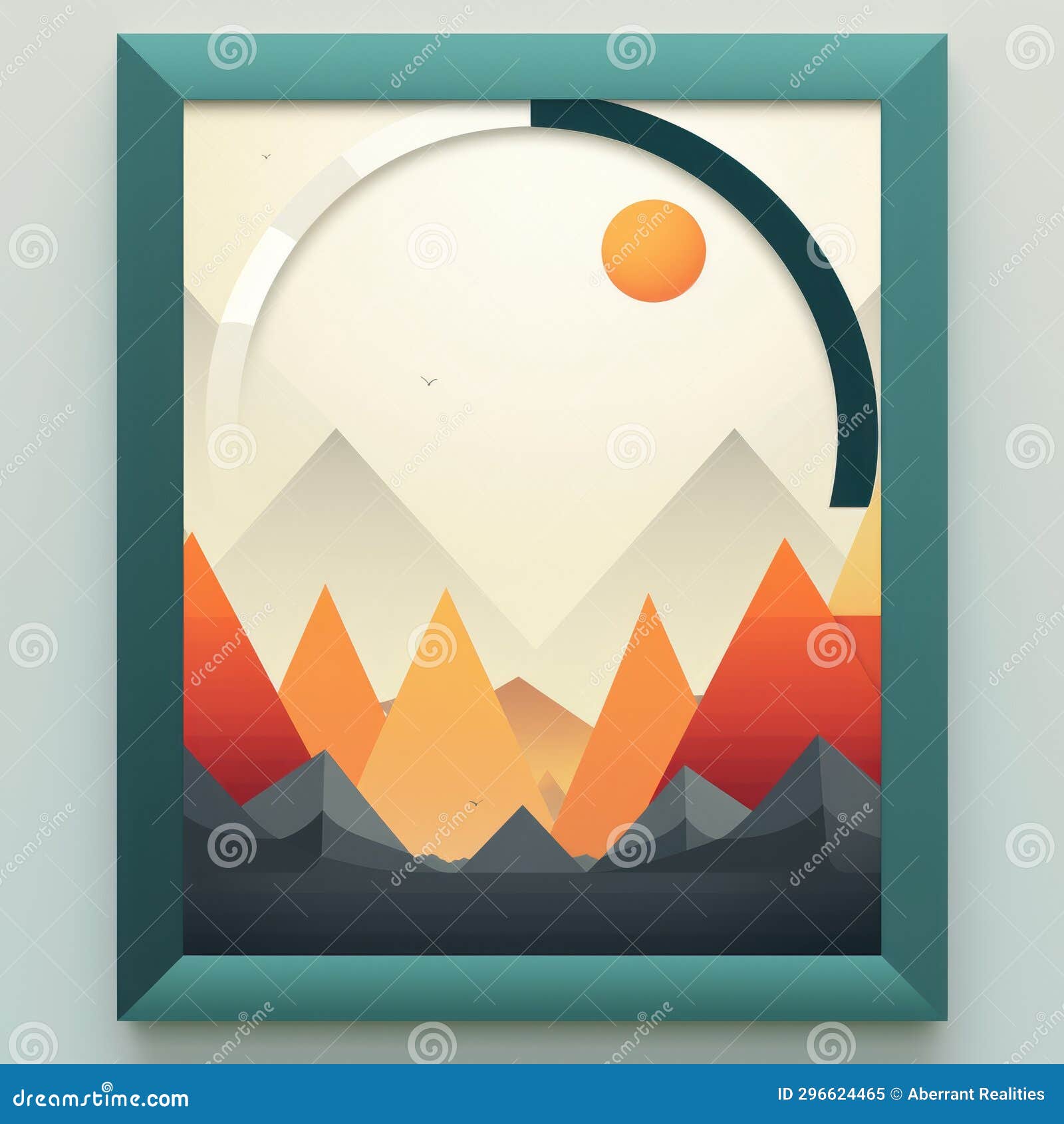 A Poster of a Mountain Range with a Sun in the Sky Stock Illustration ...