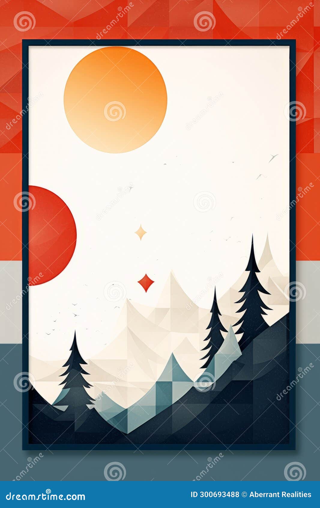 A Poster with Mountains Trees and Sun in the Background Stock ...
