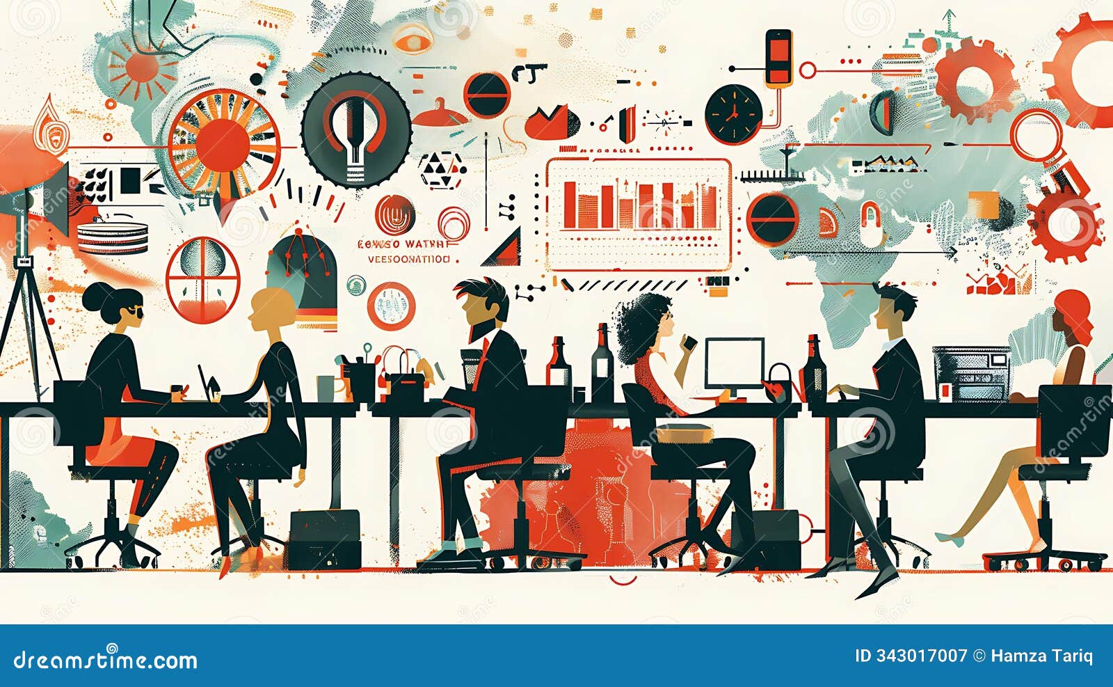 A Poster of an Office Team with Innovative Objects and Teamwork Stock ...