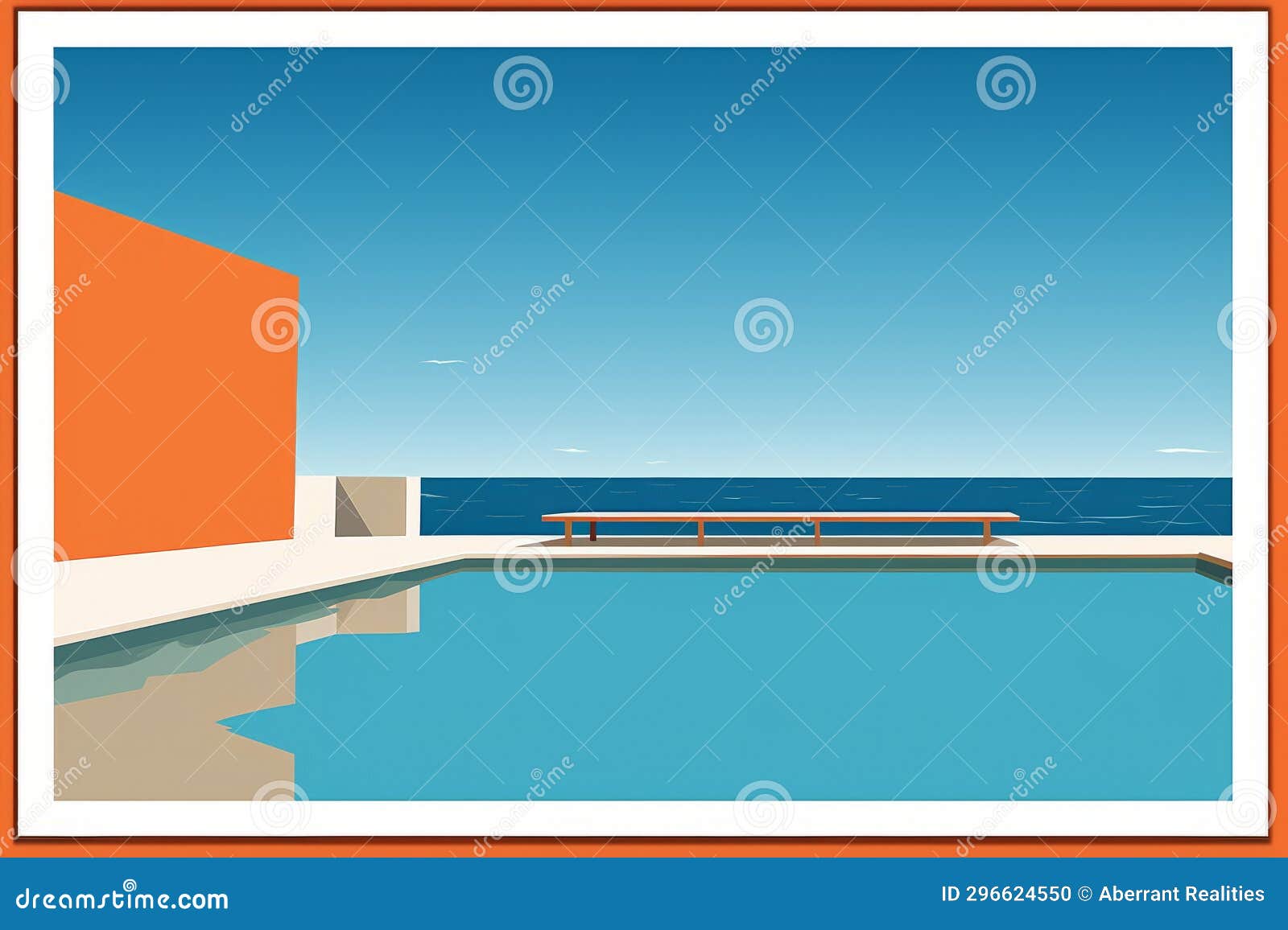 A Poster of an Orange Building with a Pool and the Ocean in the ...