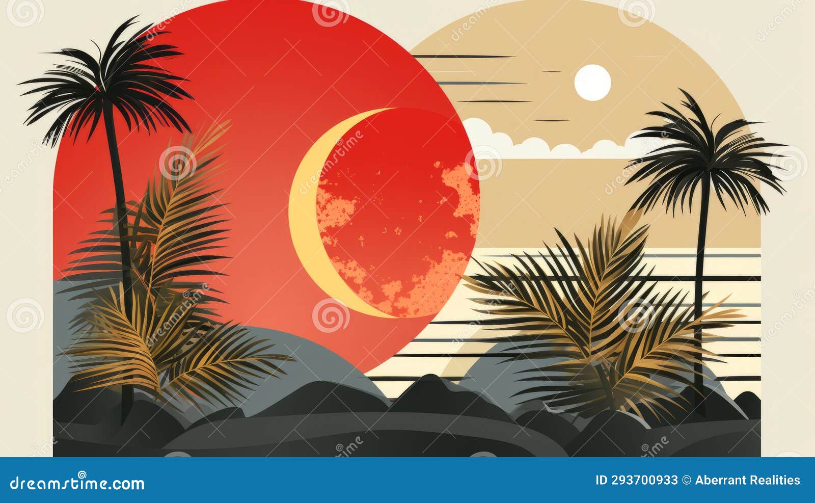 A Poster with Palm Trees and the Sun in the Background Stock ...