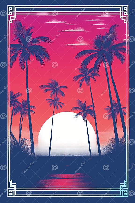 A Poster with Palm Trees and the Sun in the Background Stock Photo ...