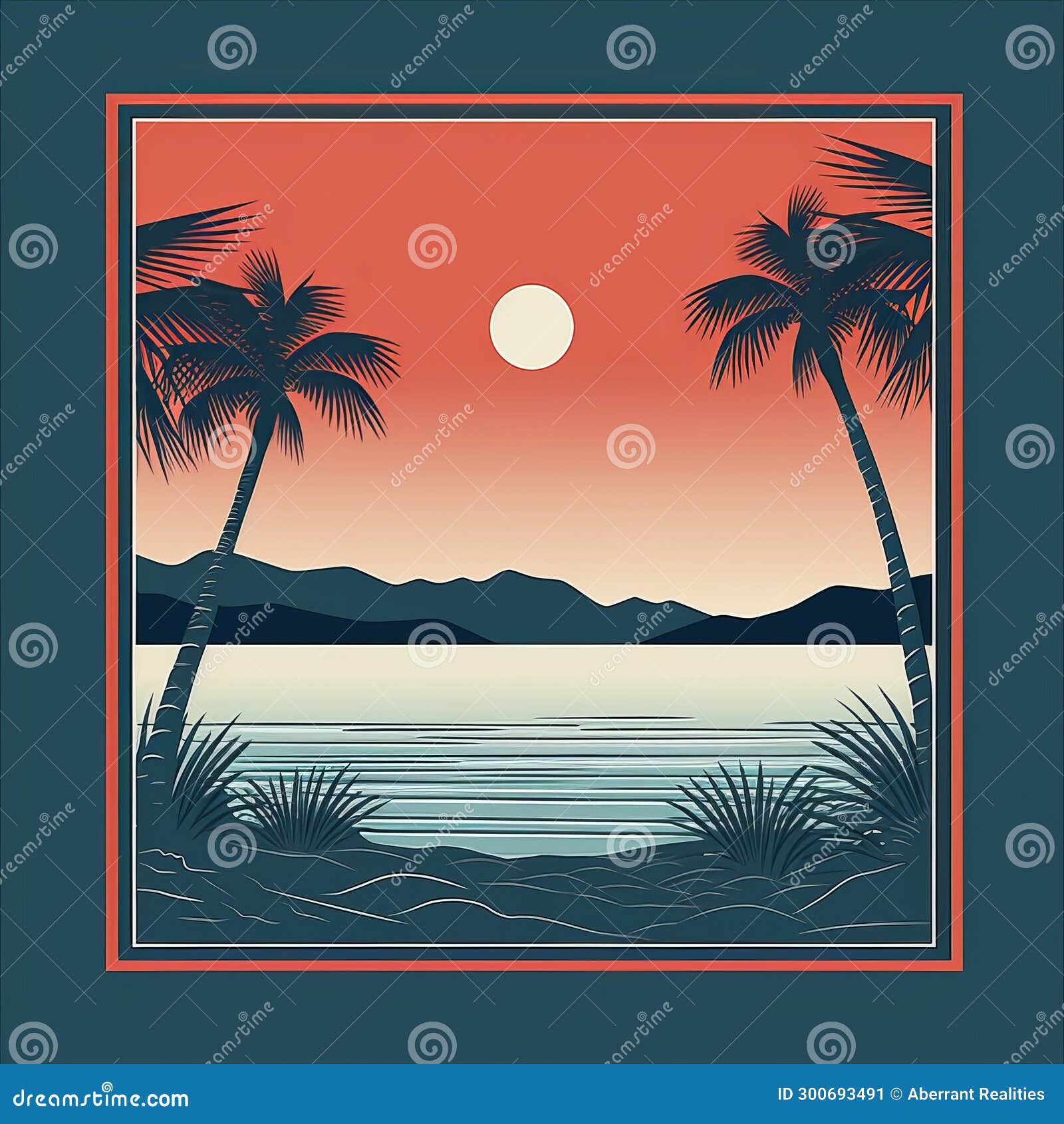 A Poster with Palm Trees and the Sun in the Background Stock ...