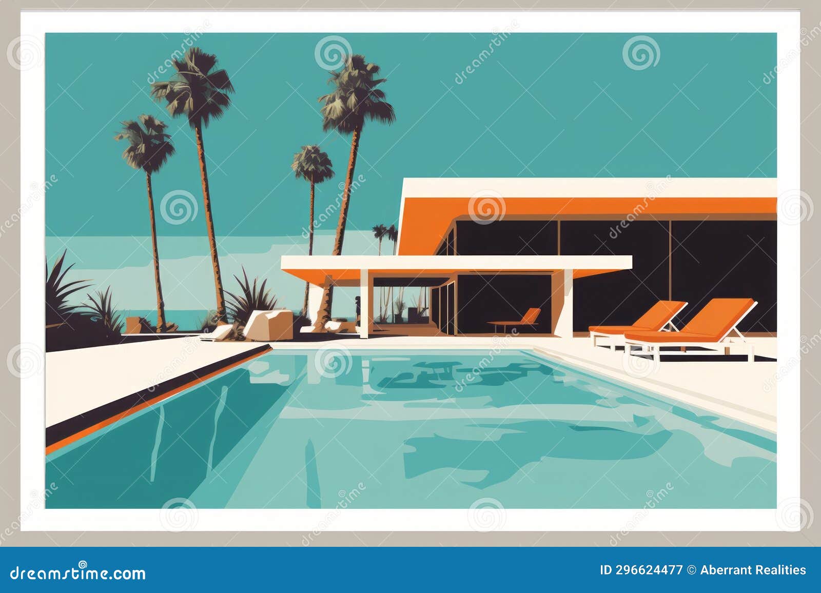 A Poster of a Pool and Palm Trees in Front of a House Stock ...