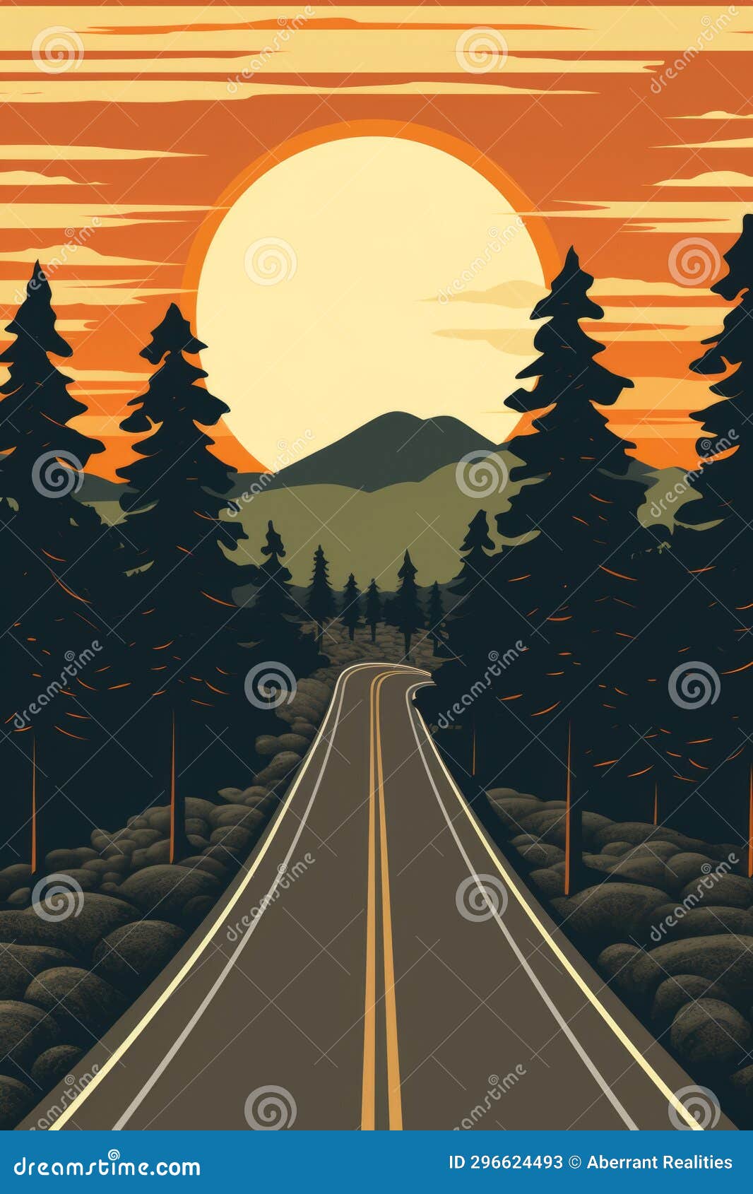 A Poster of a Road with Trees and Mountains in the Background Stock ...