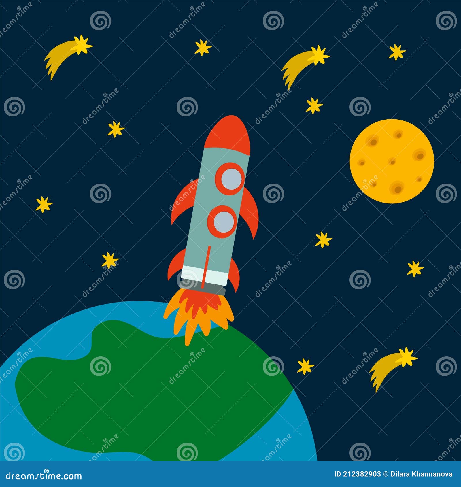 A Poster with a Rocket and the Planet Earth. a Cartoon Rocket in the ...