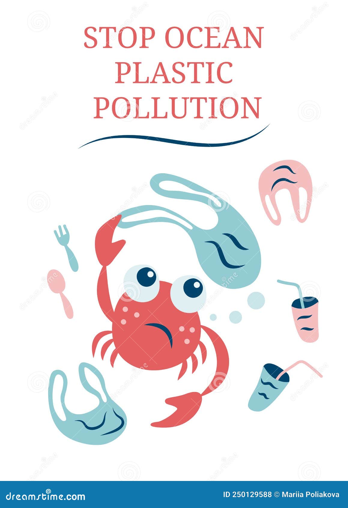 Poster With Sad Crab And Garbage. Stop Ocean Plastic Pollution. Vector ...