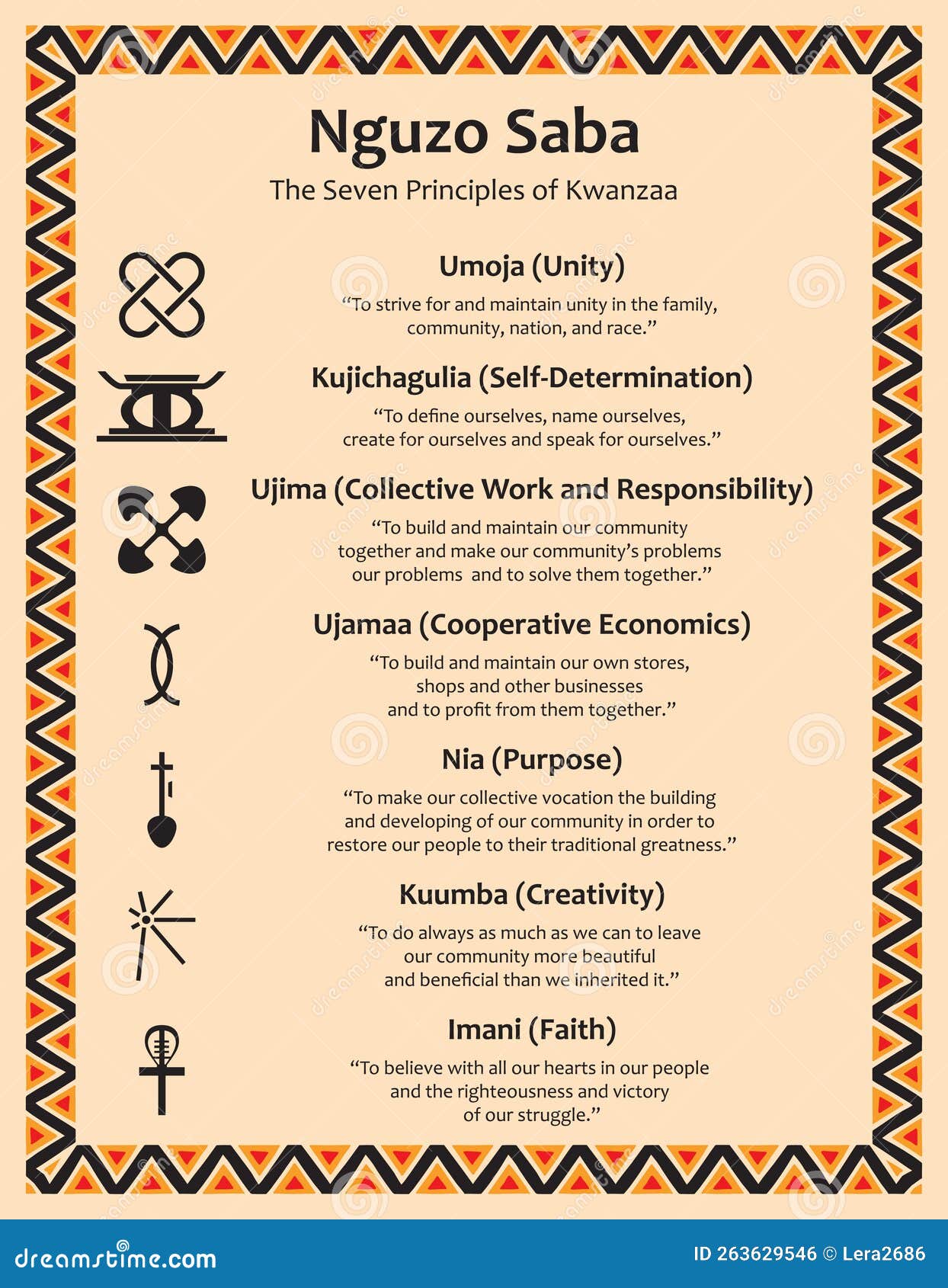 Poster with the Seven Principles of Kwanzaa. Signs, Name of Principle ...