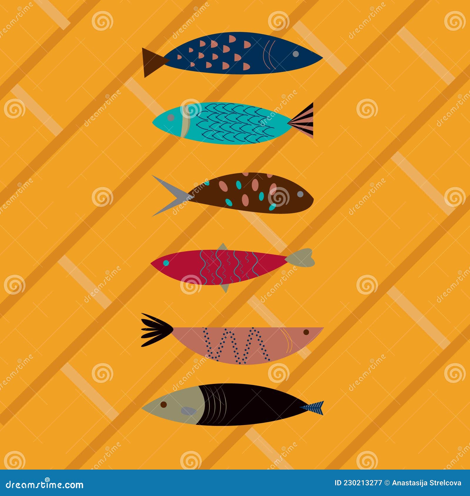 Poster Midcentury Fish on Brick Wall Stock Illustration - Illustration ...