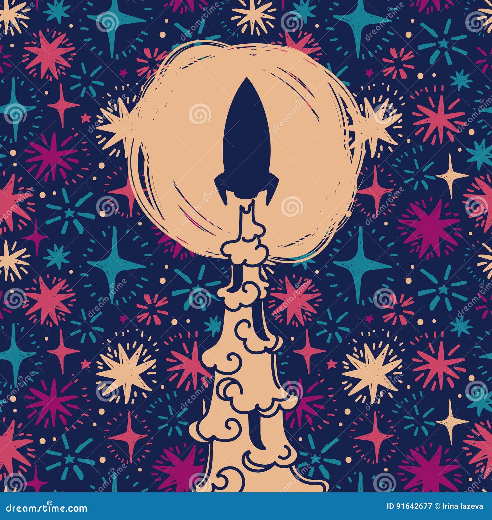 Poster With Starting Rocket On Starry Background Stock Vector ...