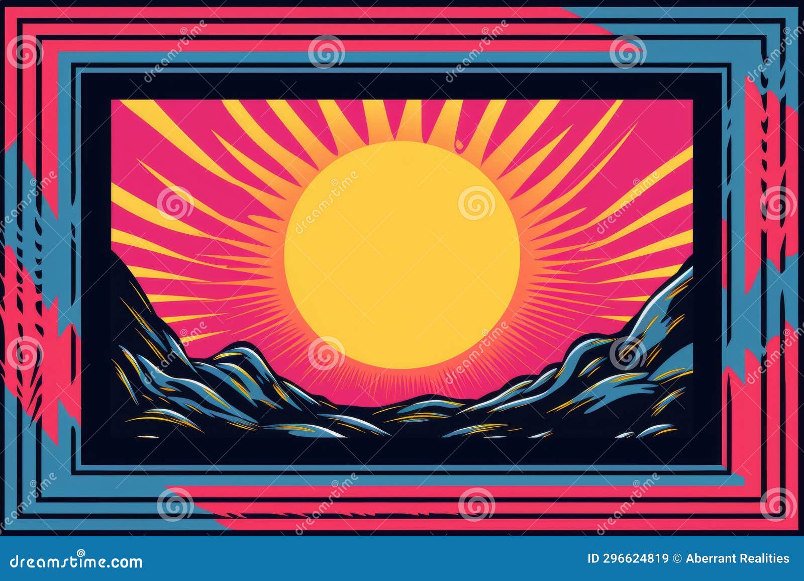 A Poster with the Sun Rising Over Mountains Stock Illustration ...