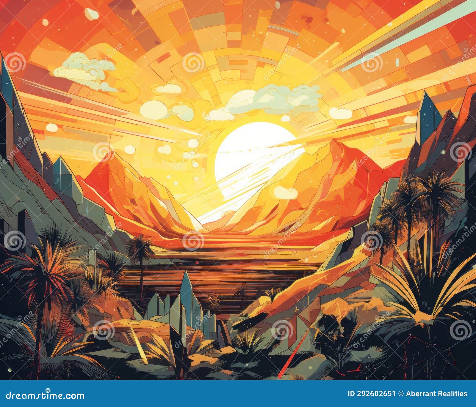 A Poster with the Sun Rising Over Mountains and Palm Trees Stock ...