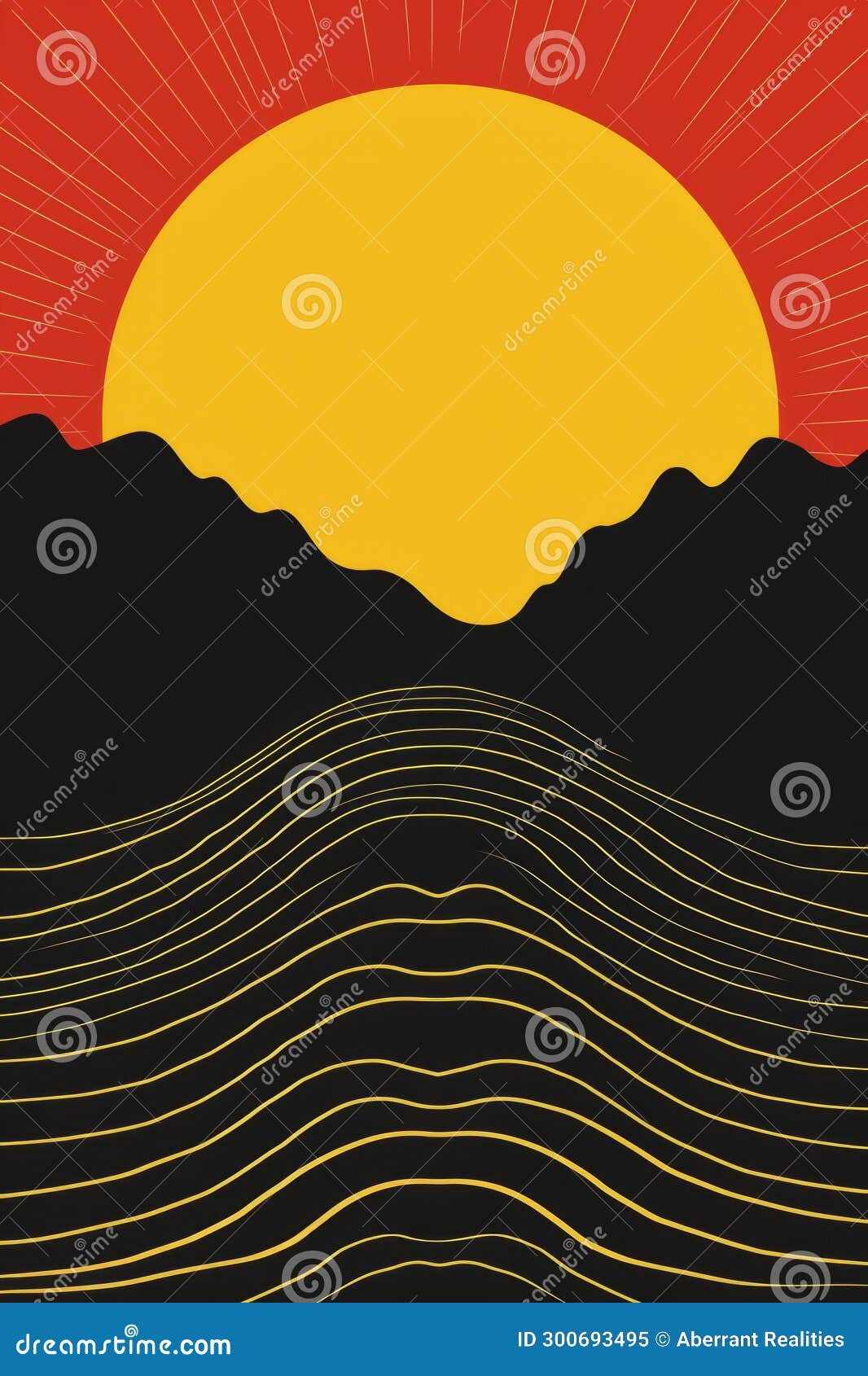 A Poster with the Sun Rising Over Mountains and Water Stock ...