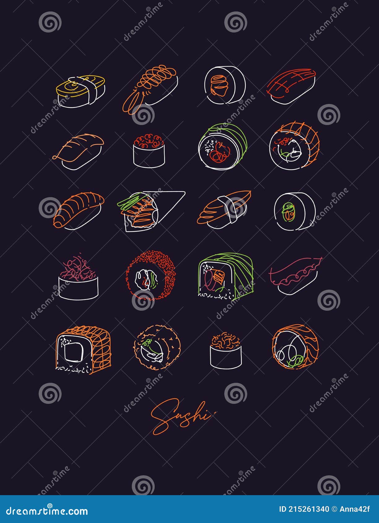 Poster Sushi Type Set Line Style Neon Black Stock Vector - Illustration ...